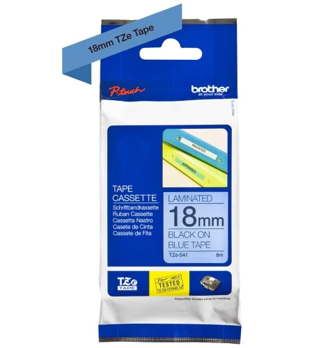 TZe-541 Brother 18mm x 8m Black on Blue Adhesive Laminated Tape