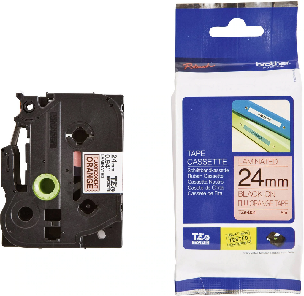 TZe-B51 Brother 24mm x 8m Black on Fluorescent Orange Adhesive Laminat