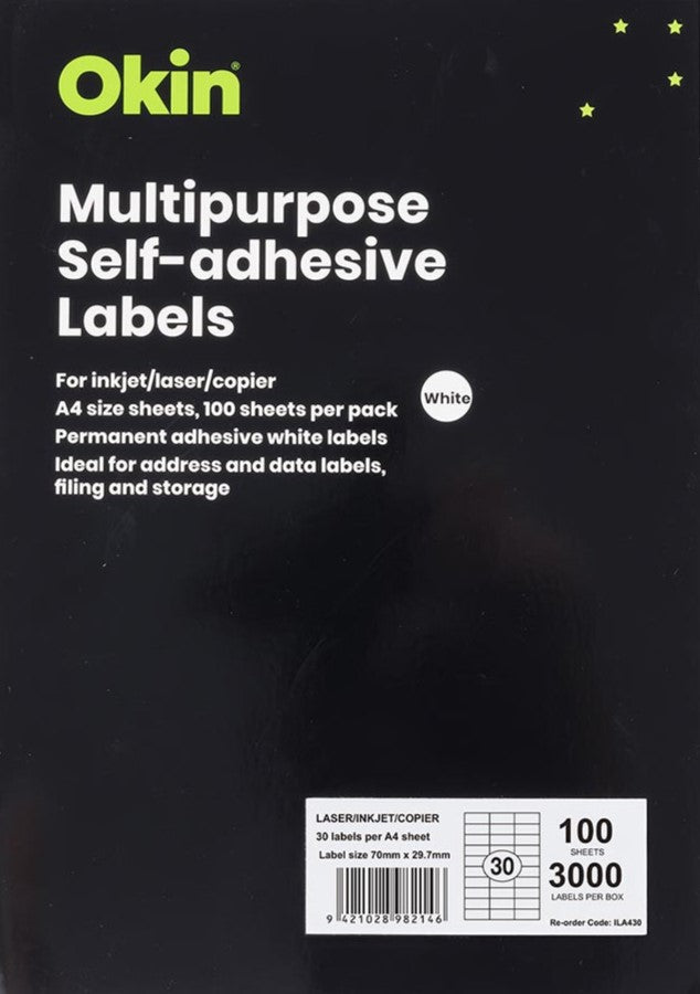 Okin Labels - 30 Labels per sheet (100 sheets) Okin Labels - 30 Labels per sheet (100 sheets)