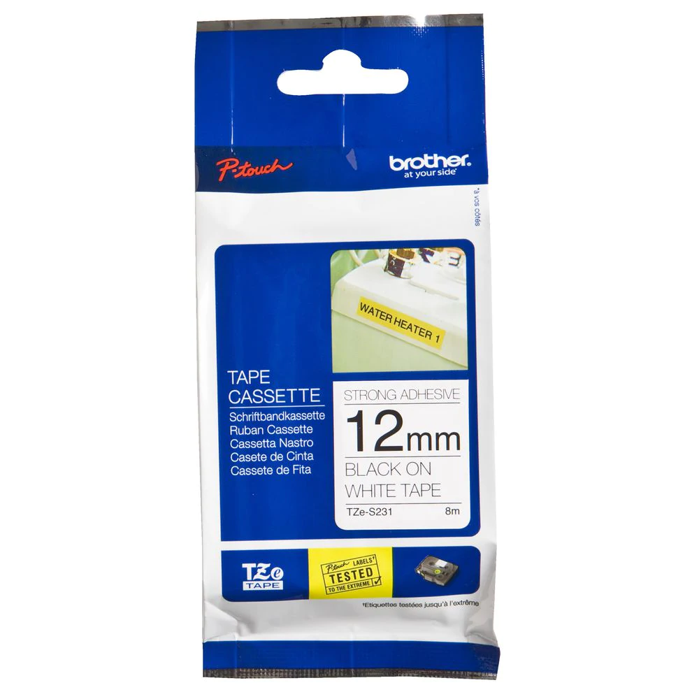 TZe-S231 Brother 12mm x 8m Black on White Strong Adhesive Laminated Ta