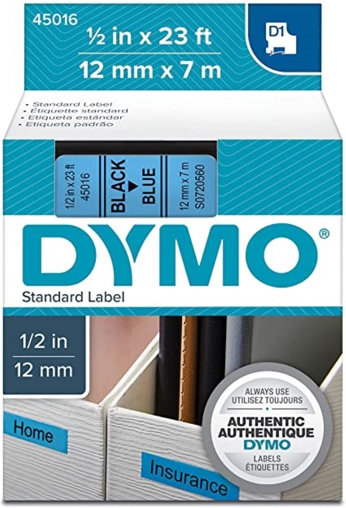 S0720560 Dymo D1 12mm x 7m Label Tape Black on Blue